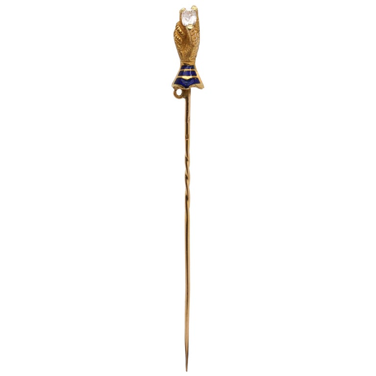 Hand Holding Diamond Enamel and Gold Stick Pin, circa 1910 at 1stDibs