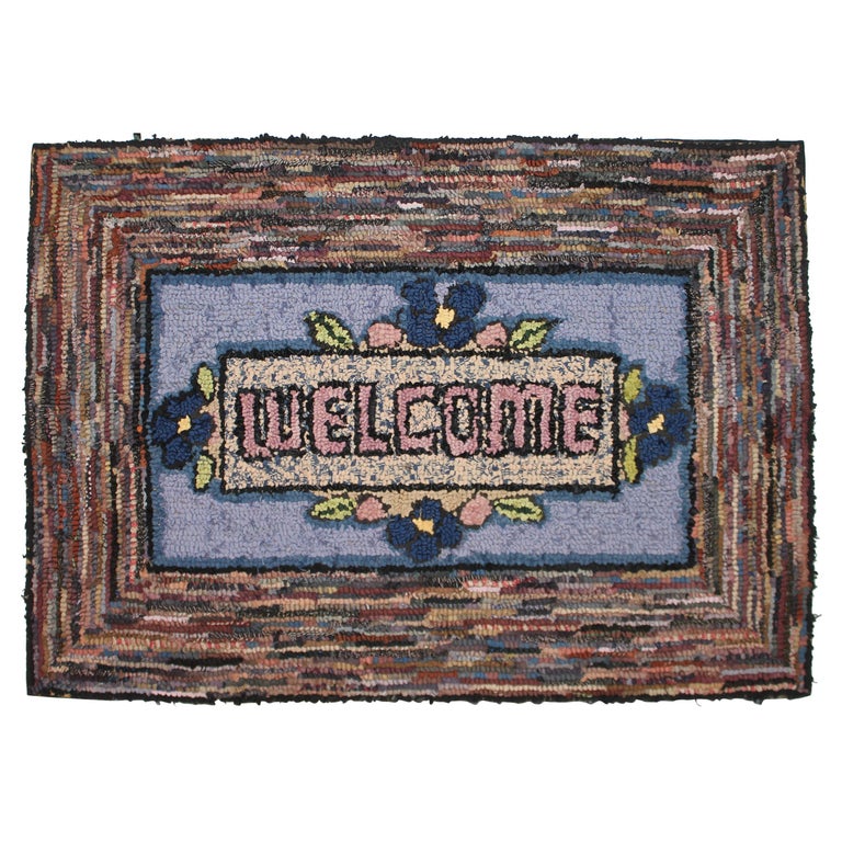 Hand-Hooked Mounted Welcome Rug from Pennsylvania For Sale at 1stDibs