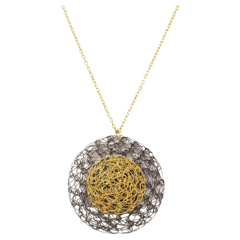 Hand Knitted Black Rhodium and Gold Disc Pendant For Sale at 1stDibs
