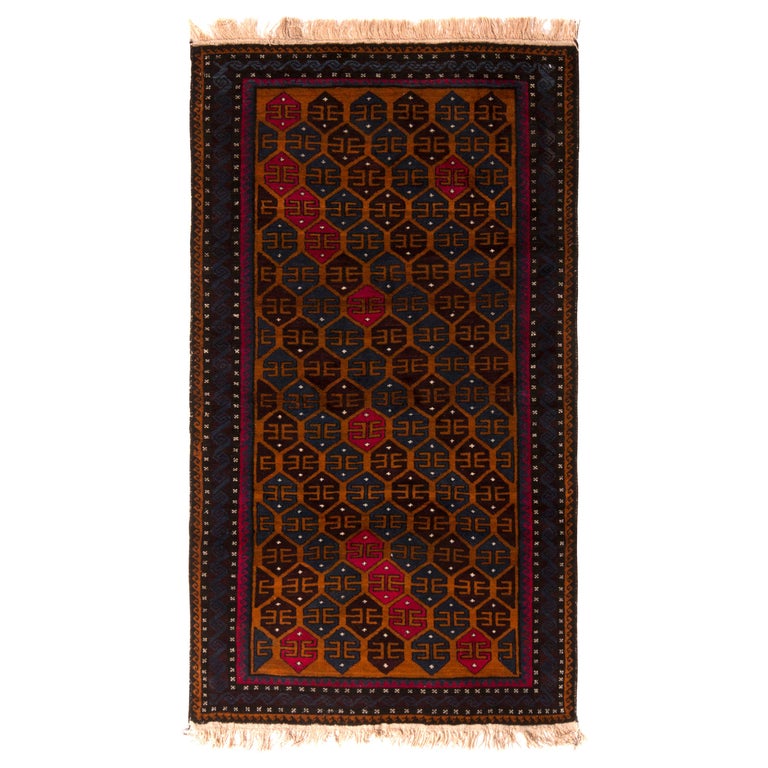 Hand Knotted 1950s Midcentury Baluch Rug Tribal Brown Geometric Vintage ...
