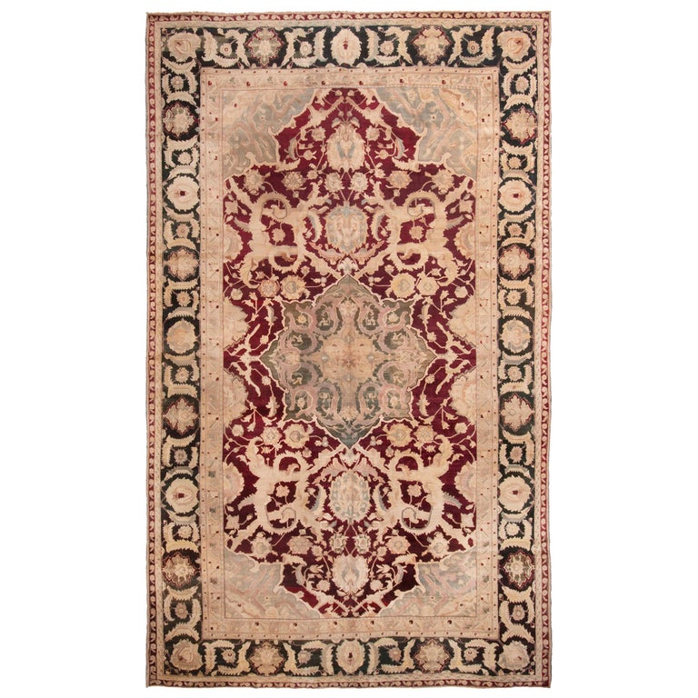 Hand Knotted Antique Agra Rug in Beige Red Medallion Pattern by Rug and ...