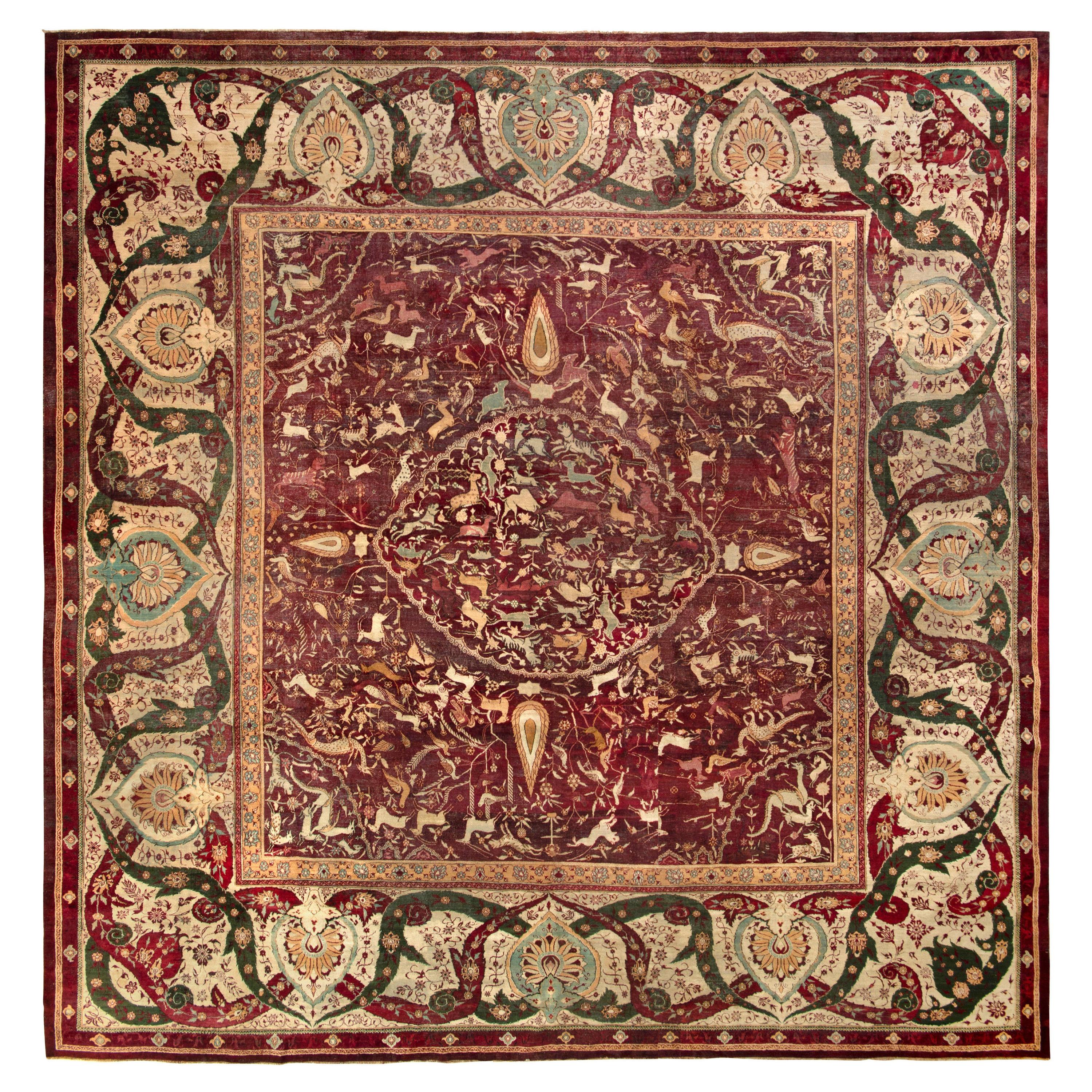 Antique Agra Square Rug in Red and Beige Brown Pictorial Patterns For ...