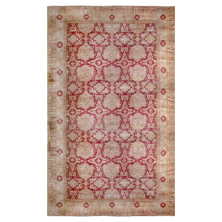 Hand-Knotted Antique Axminster Palace Rug—Red, Beige-Brown, Pink Floral ...