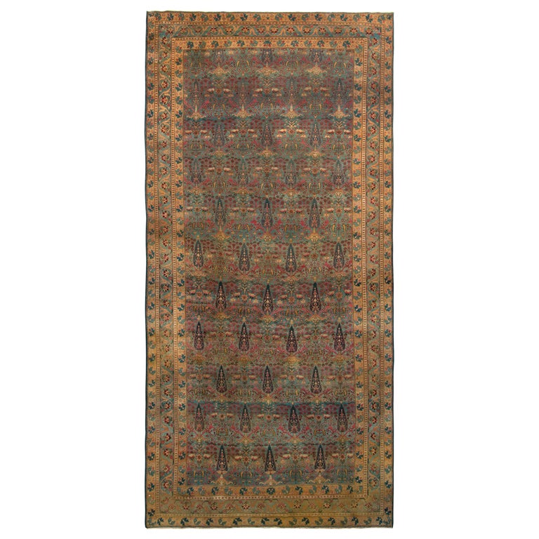 Hand-Knotted Antique Kerman Persian Rug Blue Brown Floral Pattern by ...