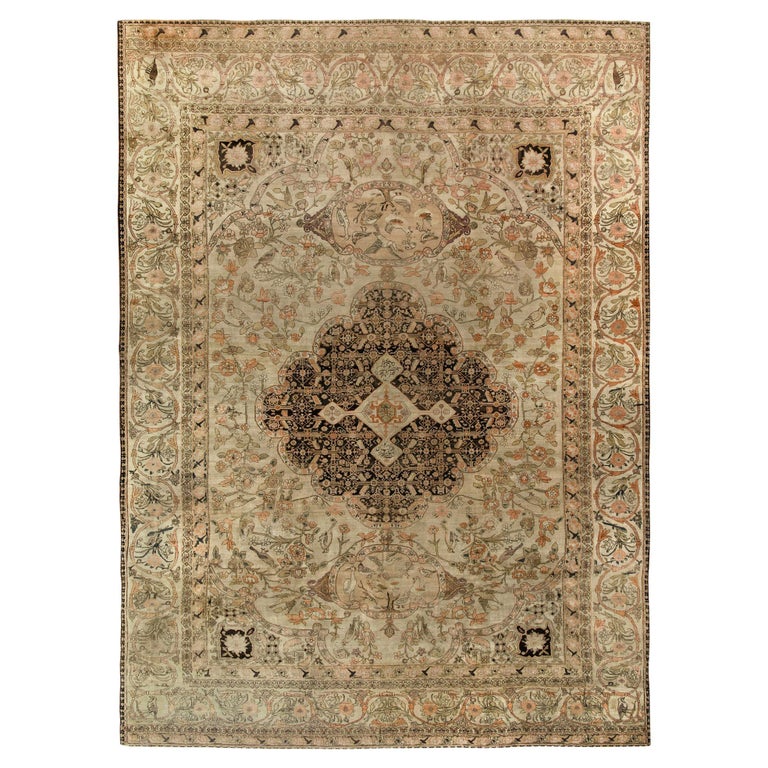 Hand-Knotted Antique Kerman Rug in Beige-Brown Pictorial Pattern by Rug ...