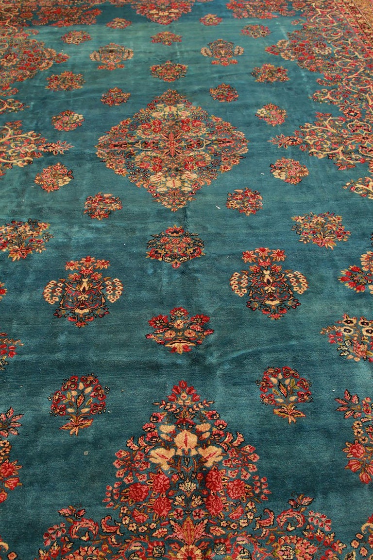 Hand Knotted Antique Kerman Rug in Blue and Pink Floral Pattern by Rug ...