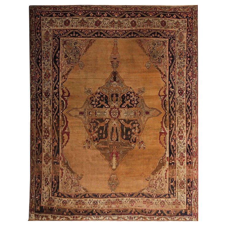 Antique Kerman Persian Rug in Golden Brown Medallion Pattern by Rug and ...