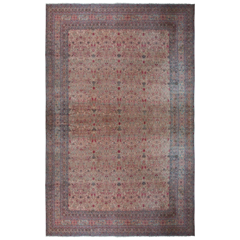 Hand-Knotted Antique Kerman Rug in Beige Persian Floral Pattern by Rug ...