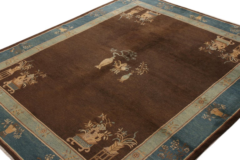 Hand-Knotted Antique Chinese Rug in Blue, Brown Pictorial Pattern by ...