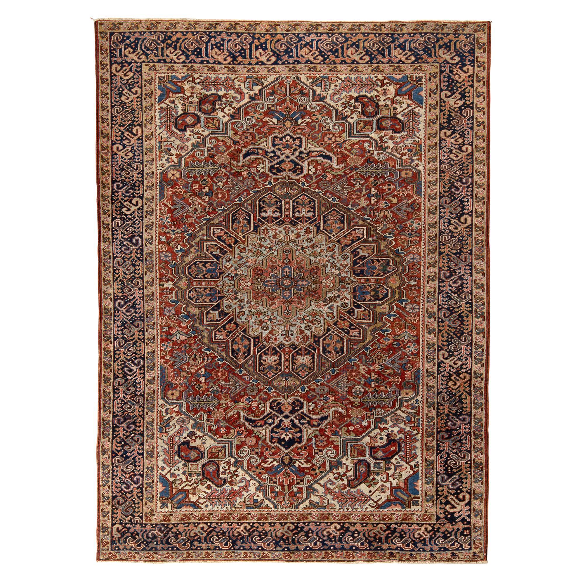 Antique Hand-Knotted Wool Blue Persian Heriz Rug For Sale at 1stDibs