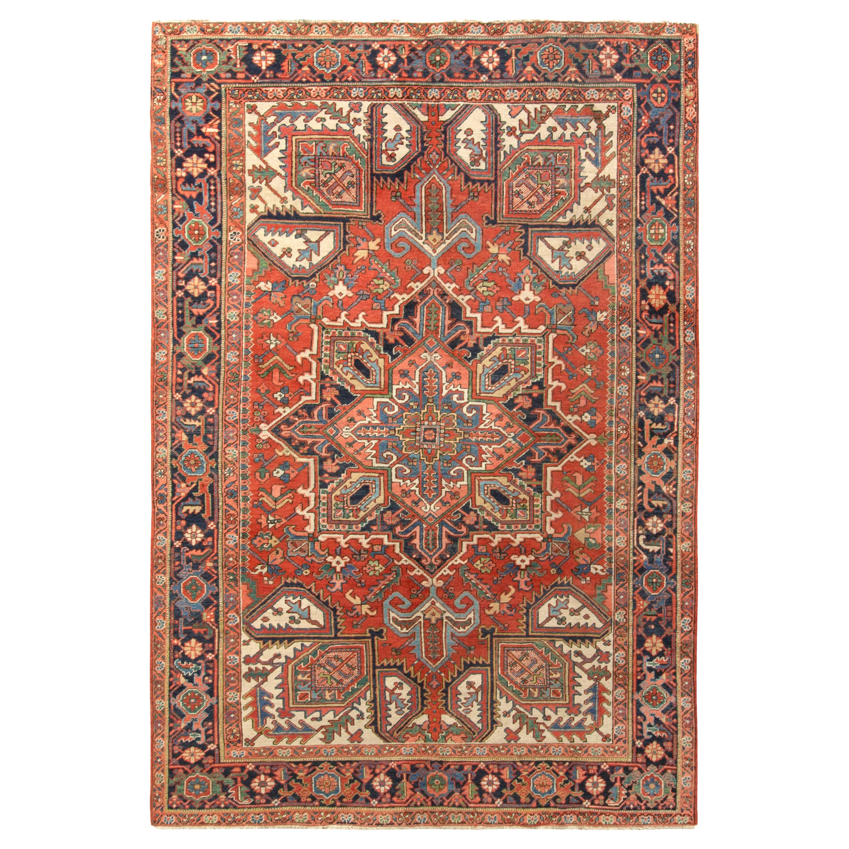 Red Antique Heriz Handmade Medallion Wool Rug For Sale at 1stDibs