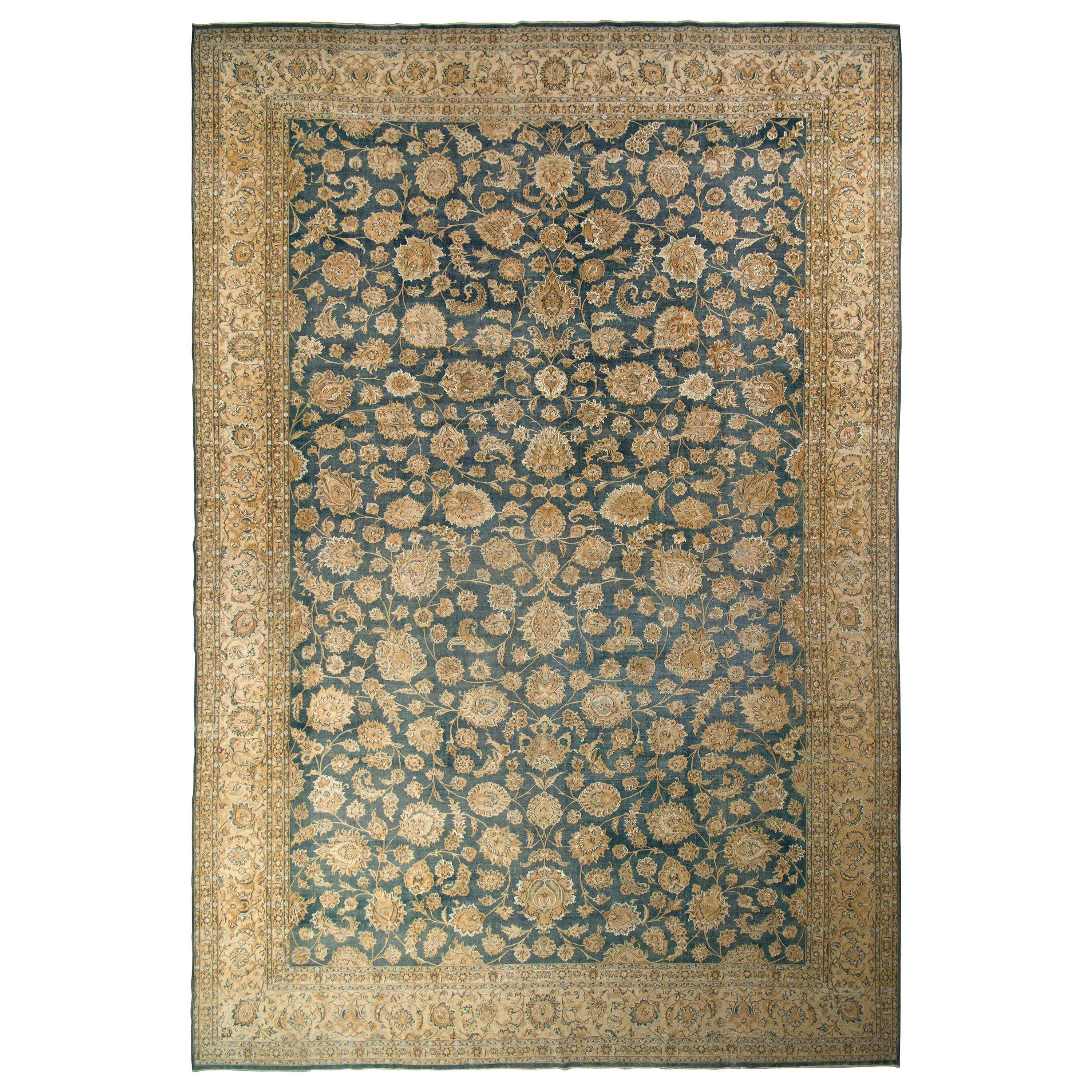 Hand Knotted Vintage Tulu Rug in Beige and Blue Checkered Pattern at ...