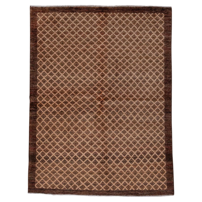 Hand Knotted Brown Modern Rug, Diamond Pattern For Sale at 1stDibs