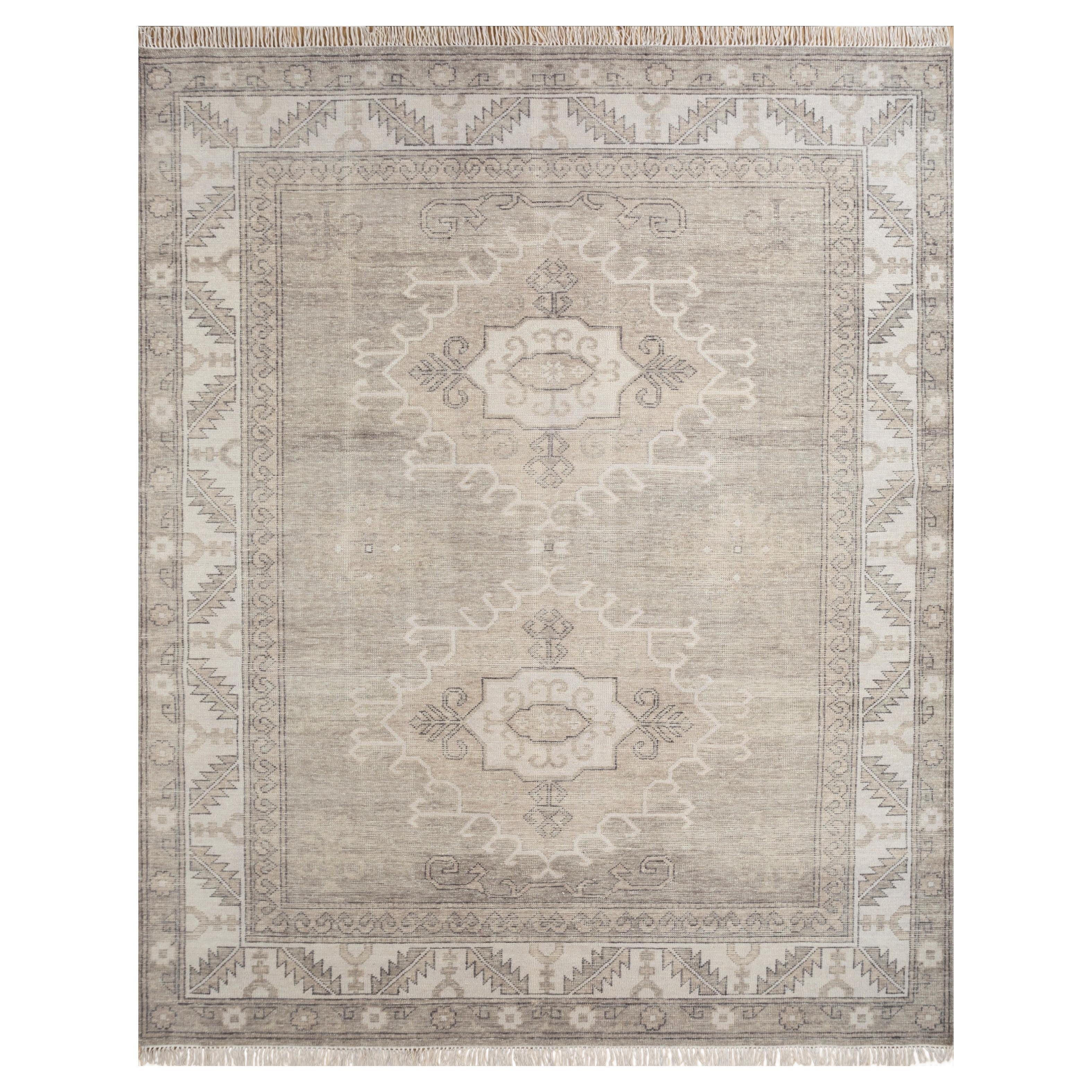 Hand-Knotted Wool Rug in Cloud White and Dark Ivory, Textured Linear ...