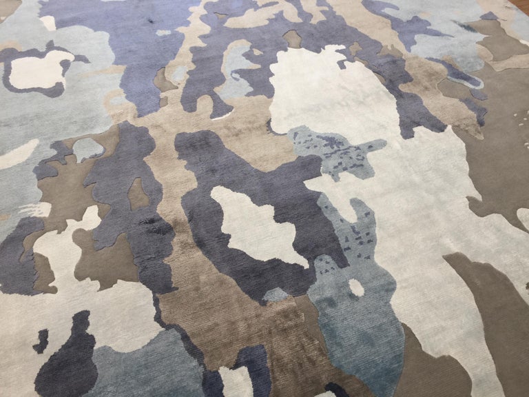 21st Century Carpet Rug Kommando in Himalayan Wool and Silk Blue, Gray ...