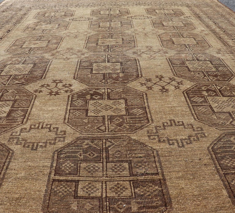 Hand-Knotted Turkomen Ersari Rug in Wool with Gul Design in Brown, Tan ...