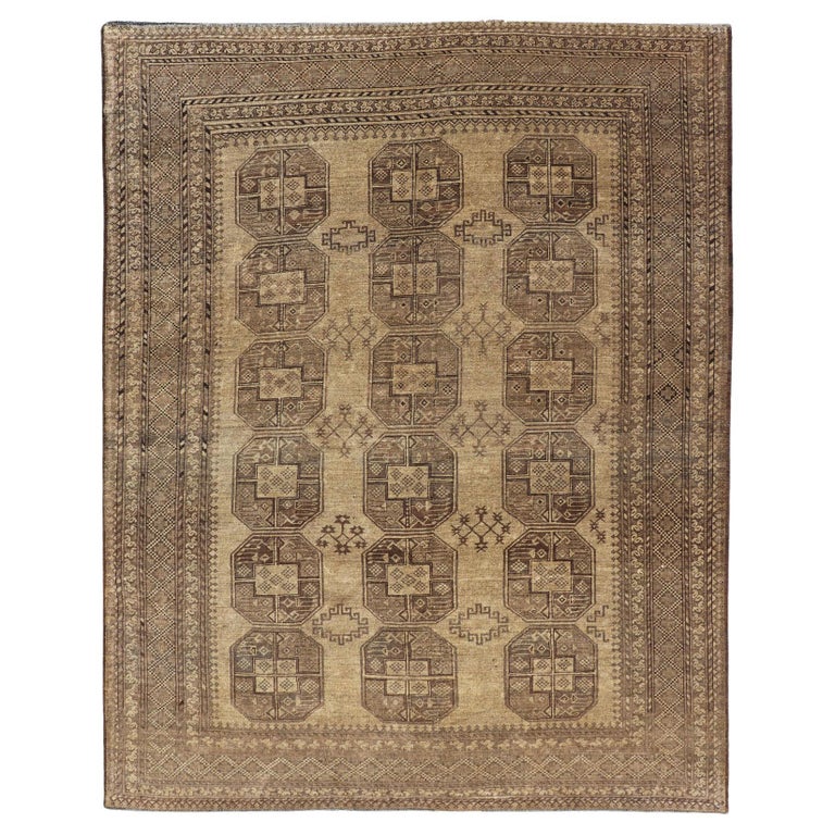 Hand-Knotted Turkomen Ersari Rug in Wool with Gul Design in Brown, Tan ...