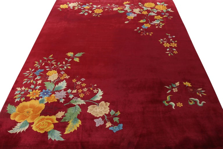 Vintage Chinese Art Deco Rug, Red and Gold Floral Pattern by Rug and ...