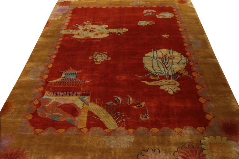 Vintage Chinese Art Deco Rug, Red and Gold Pictorial Pattern by Rug and ...