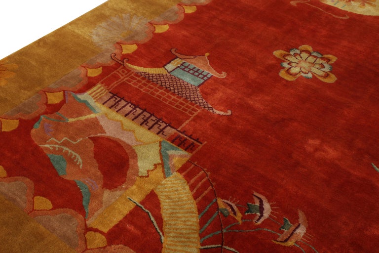 Vintage Chinese Art Deco Rug, Red and Gold Pictorial Pattern by Rug and ...