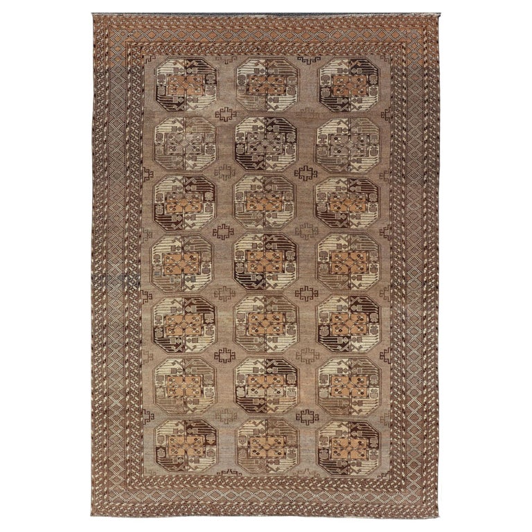 Hand-Knotted Vintage Ersari Rug with Gul Design in Brown, Ivory and ...