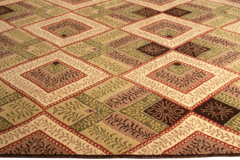 Hand Knotted Vintage French Country Rug in Green All-Over Pattern by ...