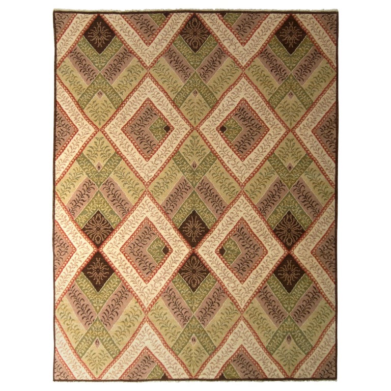 Hand Knotted Vintage French Country Rug in Green All-Over Pattern by ...
