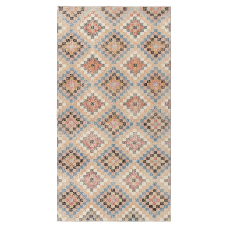 Hand-Knotted Vintage Mid Century Rug in, Blue Diamond Pattern by Rug ...