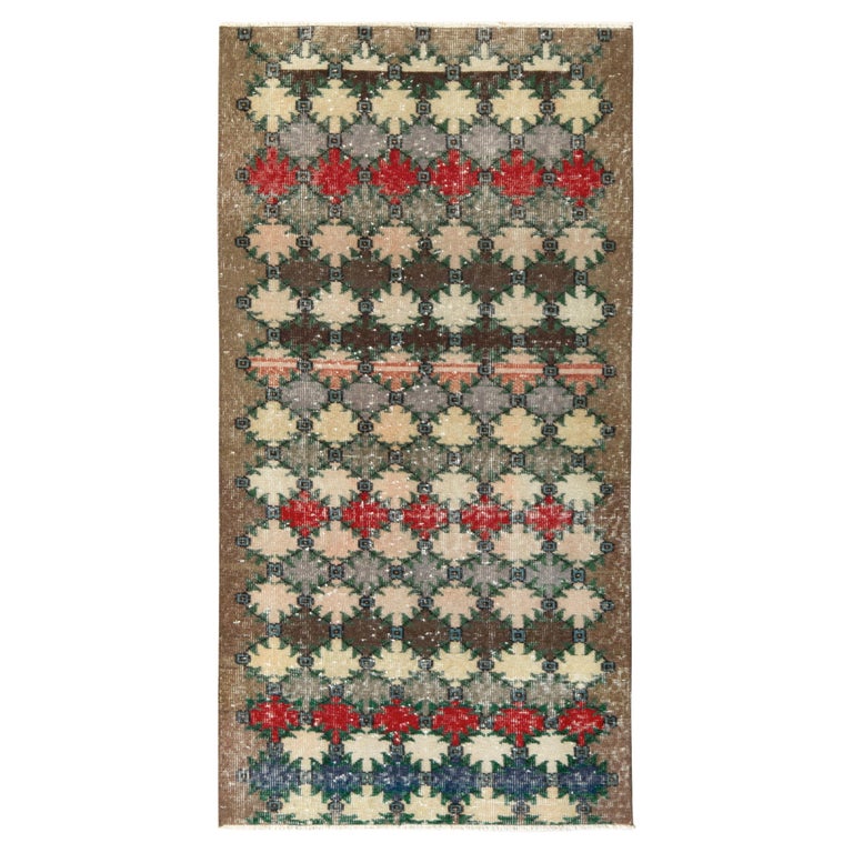 Hand-Knotted Vintage Mid Century Runner in Green, Blue, Geometric by ...