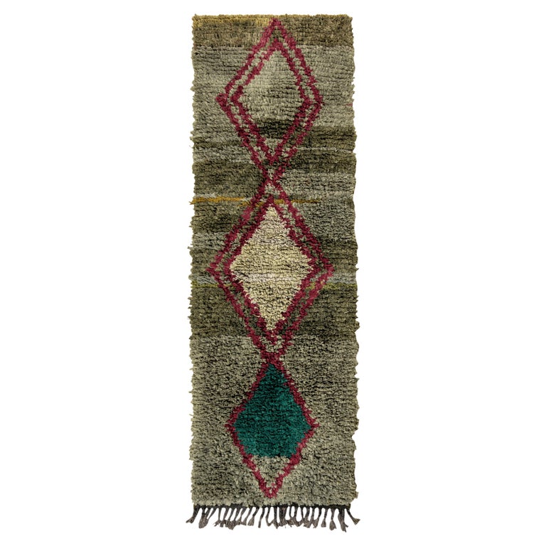 Hand-Knotted Vintage Berber Runner in Green, Red Lozenge Pattern by Rug ...