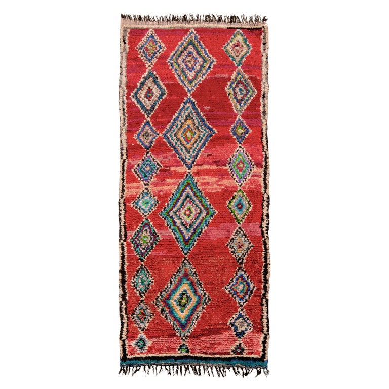 Hand-Knotted Vintage Berber Runner in Red, Blue Lozenge Pattern by Rug ...