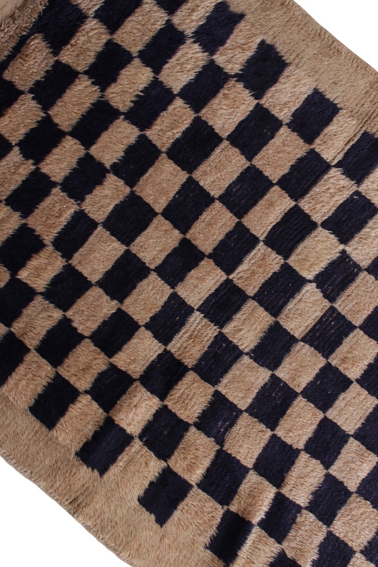 Hand Knotted Vintage Tulu Rug in Beige and Blue Checkered Pattern at ...