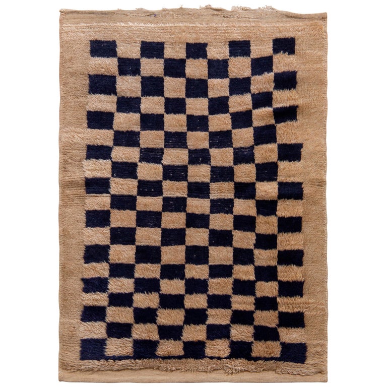 Hand Knotted Vintage Tulu Rug in Beige and Blue Checkered Pattern at ...
