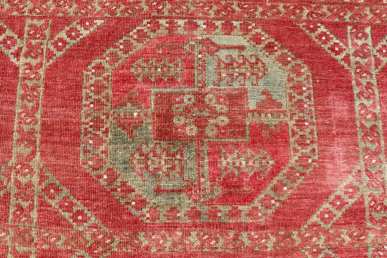 Hand-Knotted Wool Ersari Rug in Wool with Gul Design in Shades of Red ...