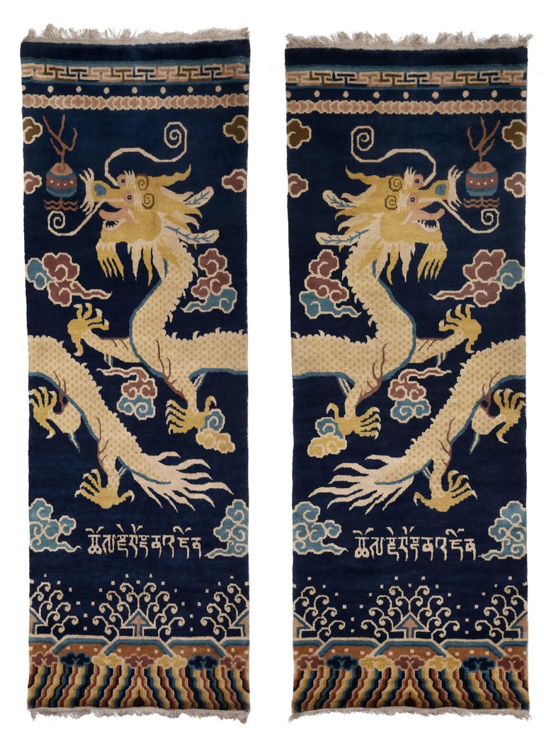 Hand-Knotted Wool, Pair of Dragon Temple Pillar Rugs or Carpets ...