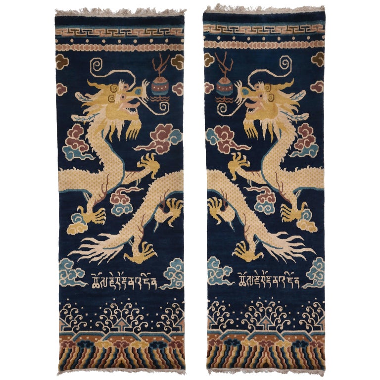 Hand-Knotted Wool, Pair of Dragon Temple Pillar Rugs or Carpets ...