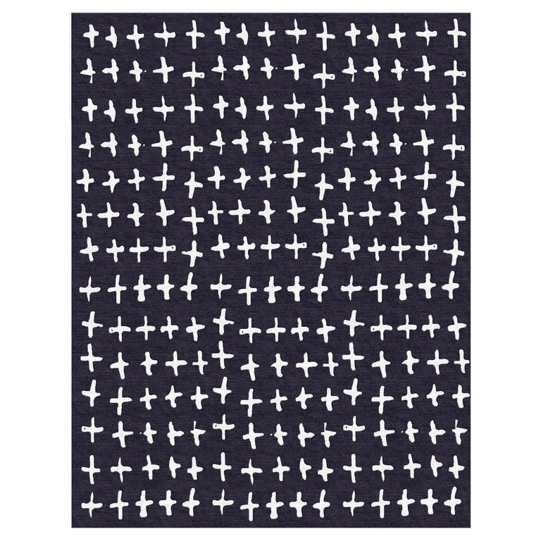 Hand Loomed Area Rug navy blue with white cross pattern For Sale at 1stDibs