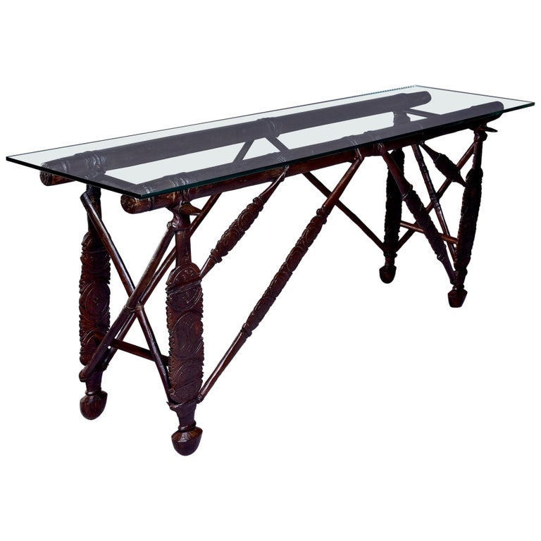 Hand Made African Wood and Leather Console with Glass Top at 1stDibs