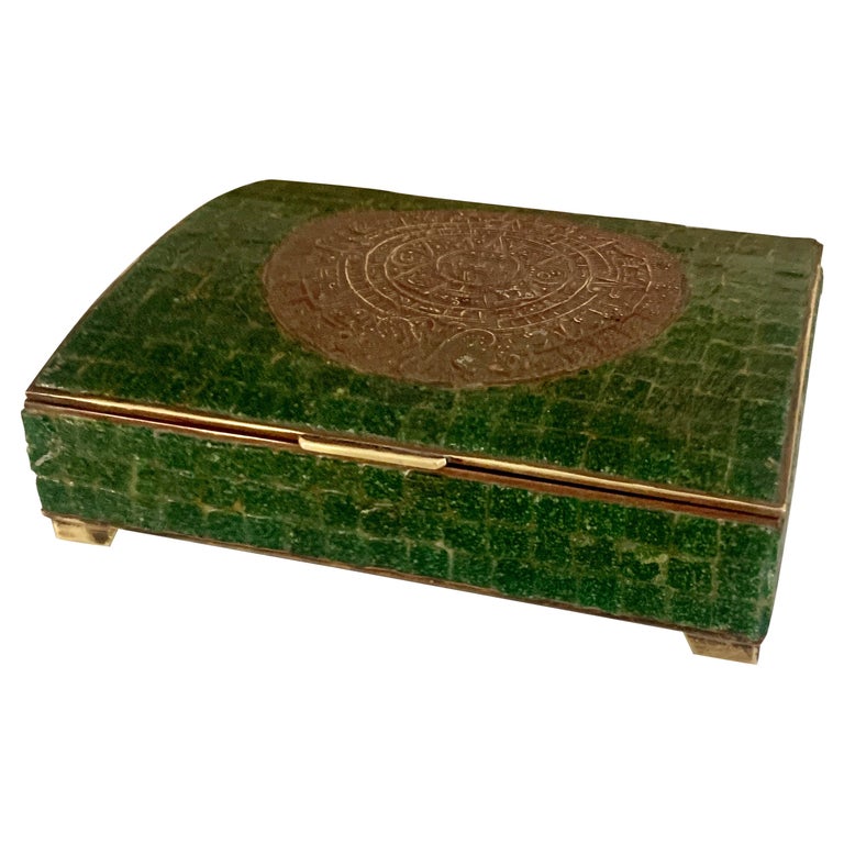 Hand Made Mexican Brass and Stone Trinket Stash Box of Aztec Calendar ...