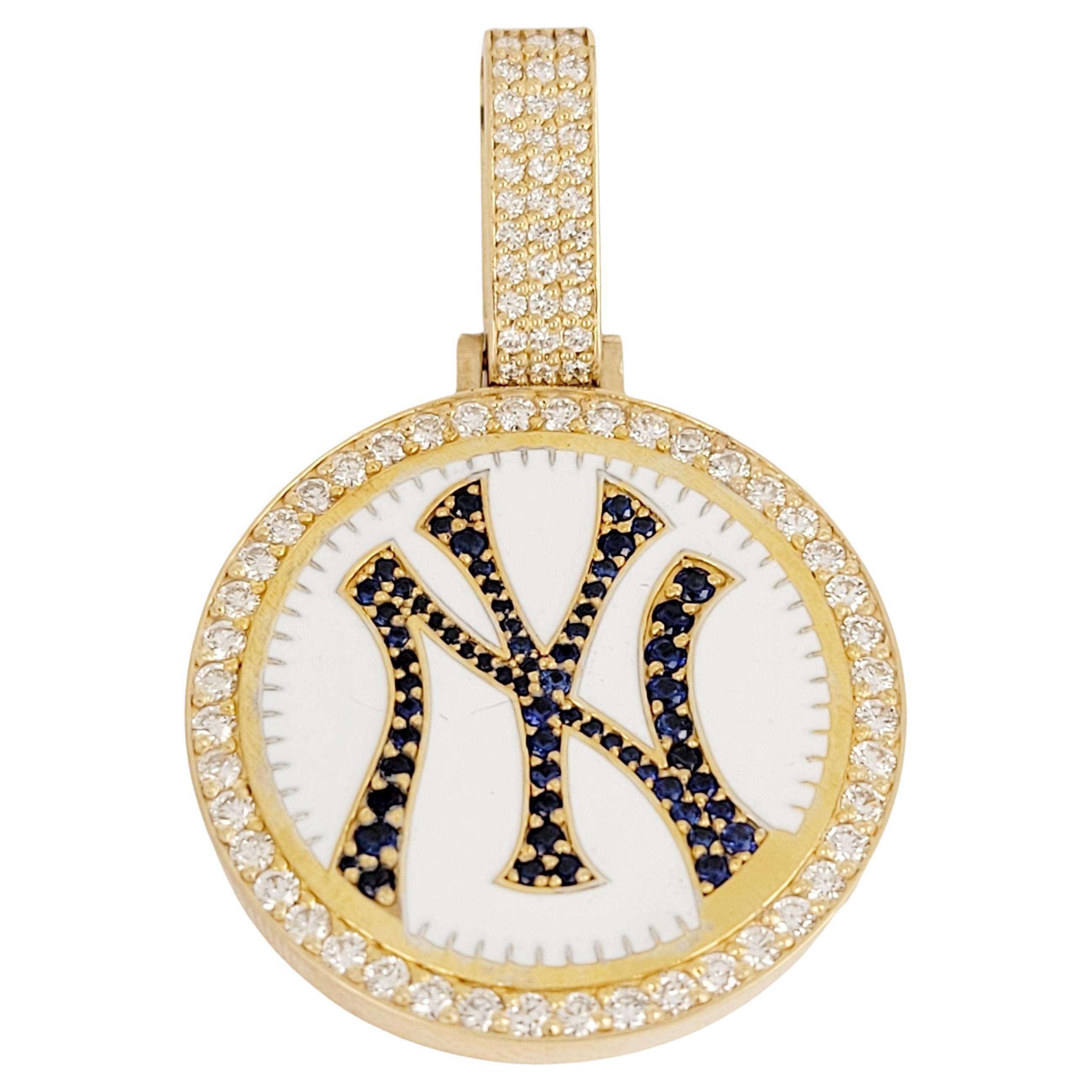 Hand-Made NY Pendant in 14K Yellow Gold with Sapphire and Diamonds For Sale at 1stDibs