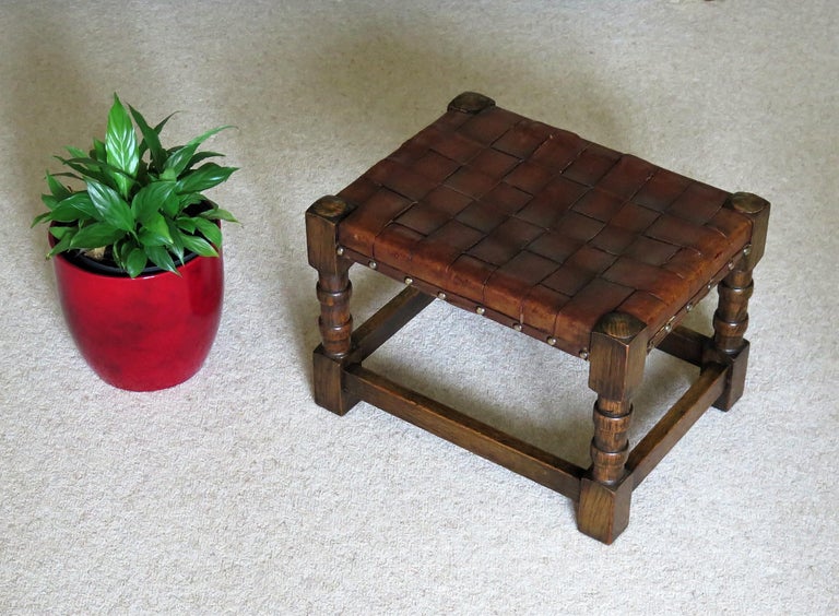 Handmade Oak Stool with Woven Leather Strap Top, Arts and Crafts Late ...