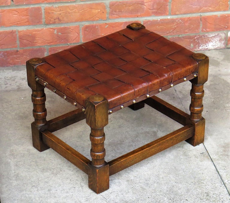 Handmade Oak Stool with Woven Leather Strap Top, Arts and Crafts Late ...