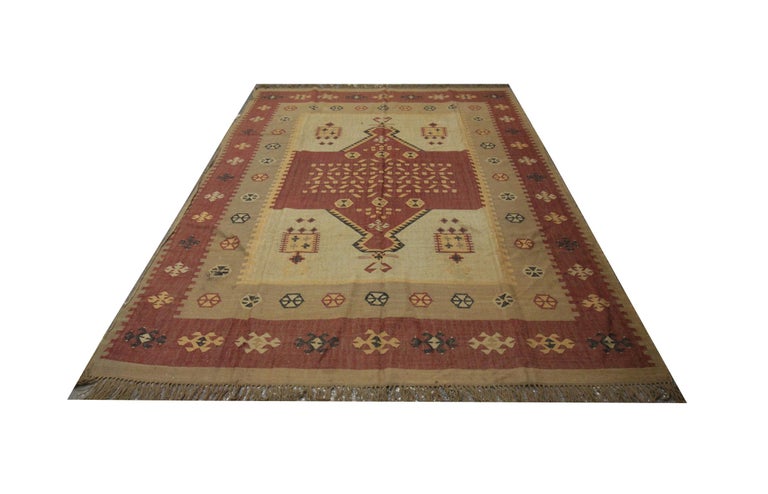 Handmade Vintage Indian Kilim Rug, Traditional Brown and Beige Wool ...