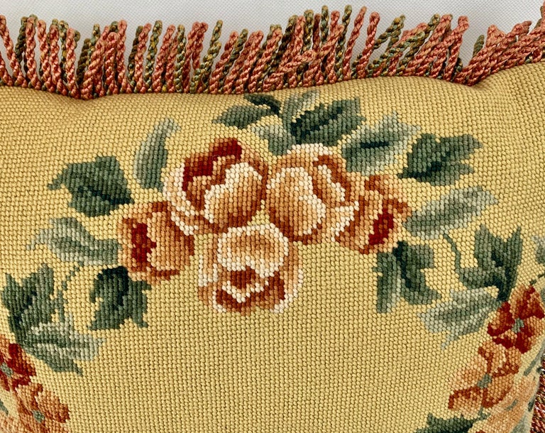 Needlepointed Cushion/Pillow with Floral Motif, Fringe Border-Hand ...