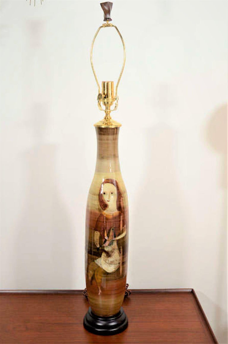 Polia Pillin Signed Hand Painted 1950s Abstract Art on Pottery Lamp or ...