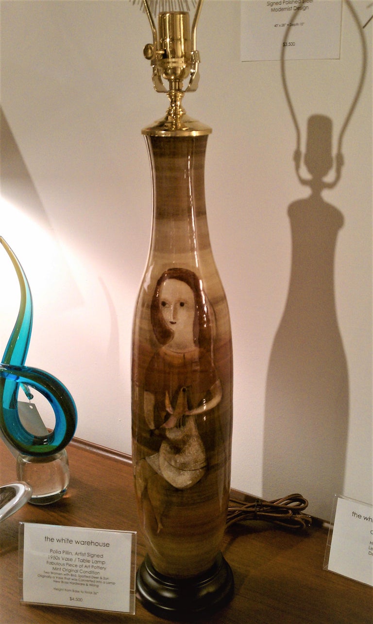 Polia Pillin Signed Hand Painted 1950s Abstract Art on Pottery Lamp or ...