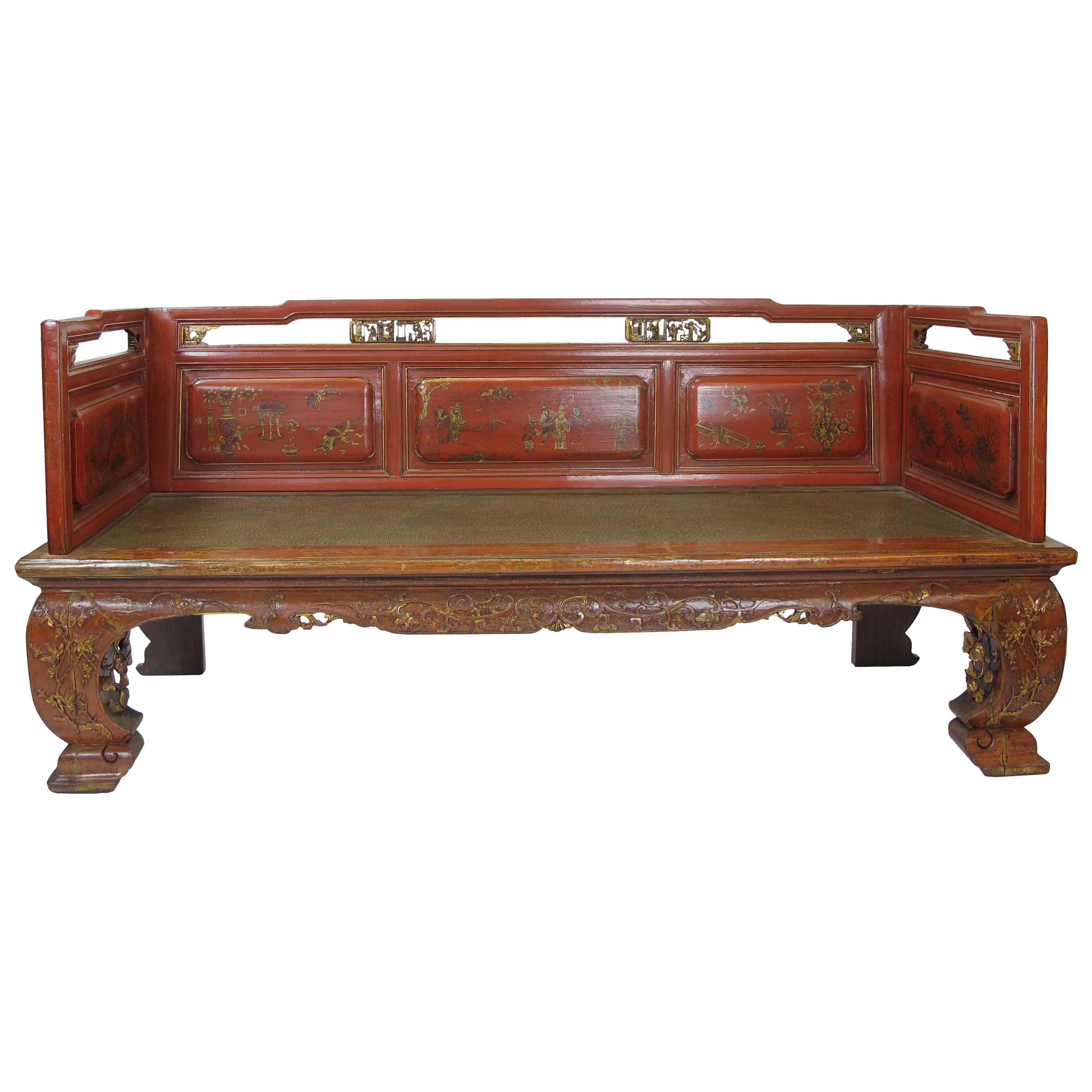Hand Painted and Carved Red Daybed For Sale at 1stDibs