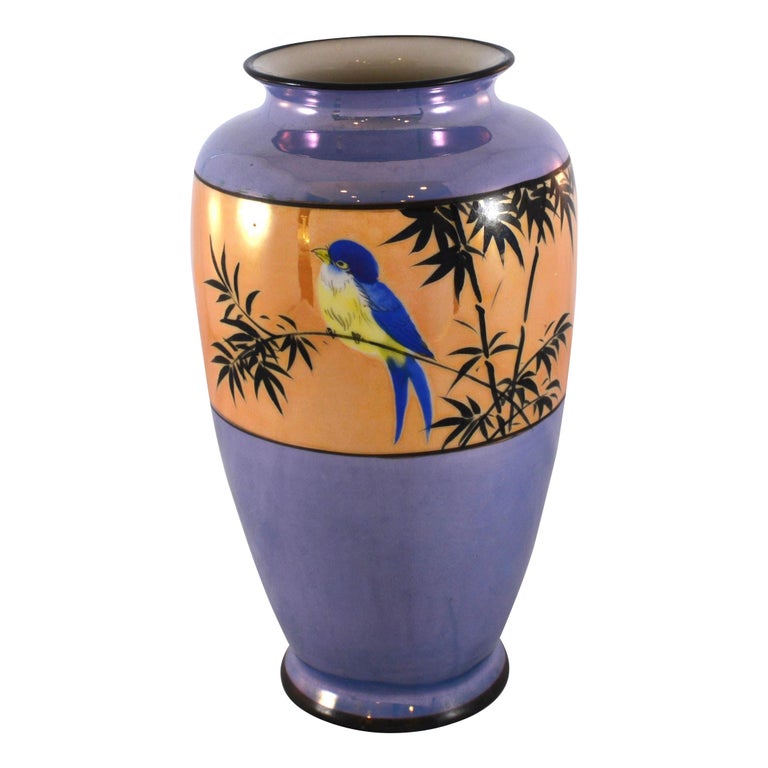 Hand Painted Asian Blue Bird Vase For Sale at 1stDibs