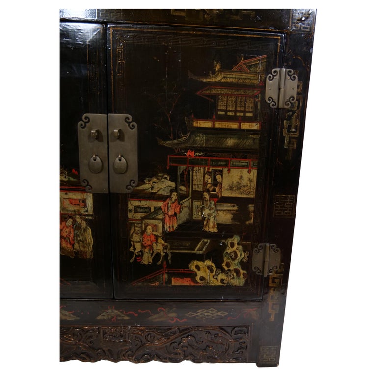 Hand Painted Black Lacquered Two Piece Cabinet For Sale at 1stDibs