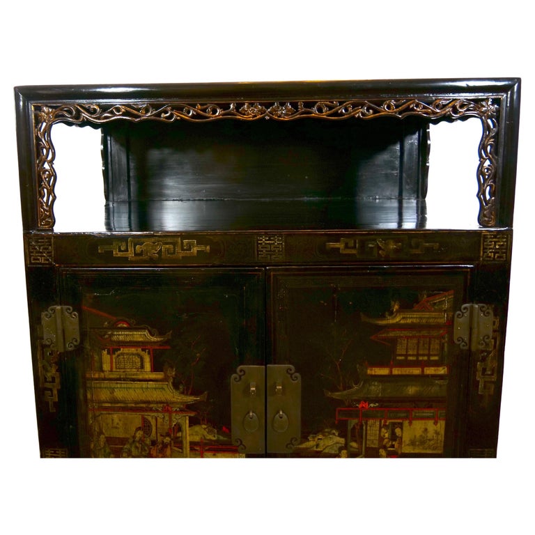 Hand Painted Black Lacquered Two Piece Cabinet For Sale at 1stDibs